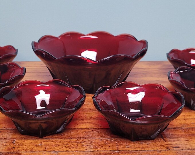 Royal Ruby Red Serving Bowl and Dish Set Scalloped Edged Bowl 7 Piece ...