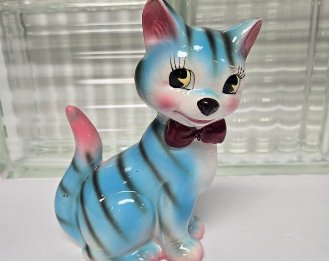 Lipper and Mann Mother Cat Figurine Blue and Grey Striped With Pink ...