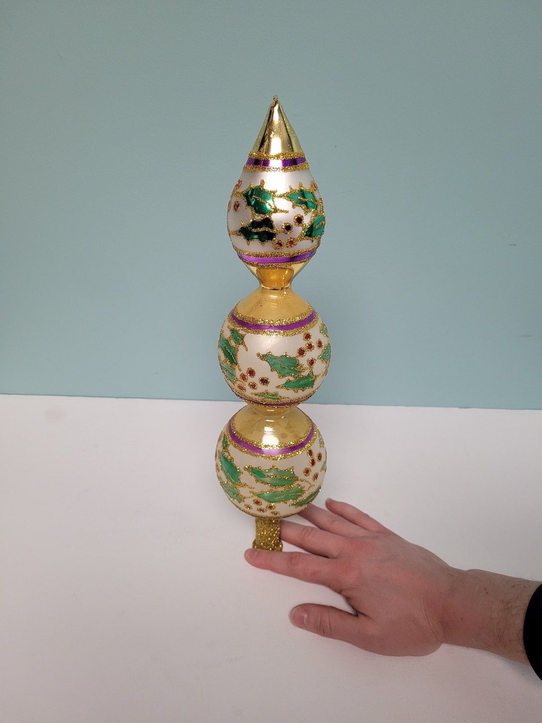 Christopher Radko Finial Holly Ribbons Gold and Purple Ornament Vintage ...