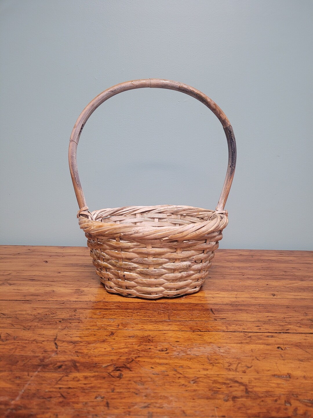 Wicker Basket Woven Cane Rattan Reed With Bamboo Handle Light Colored ...