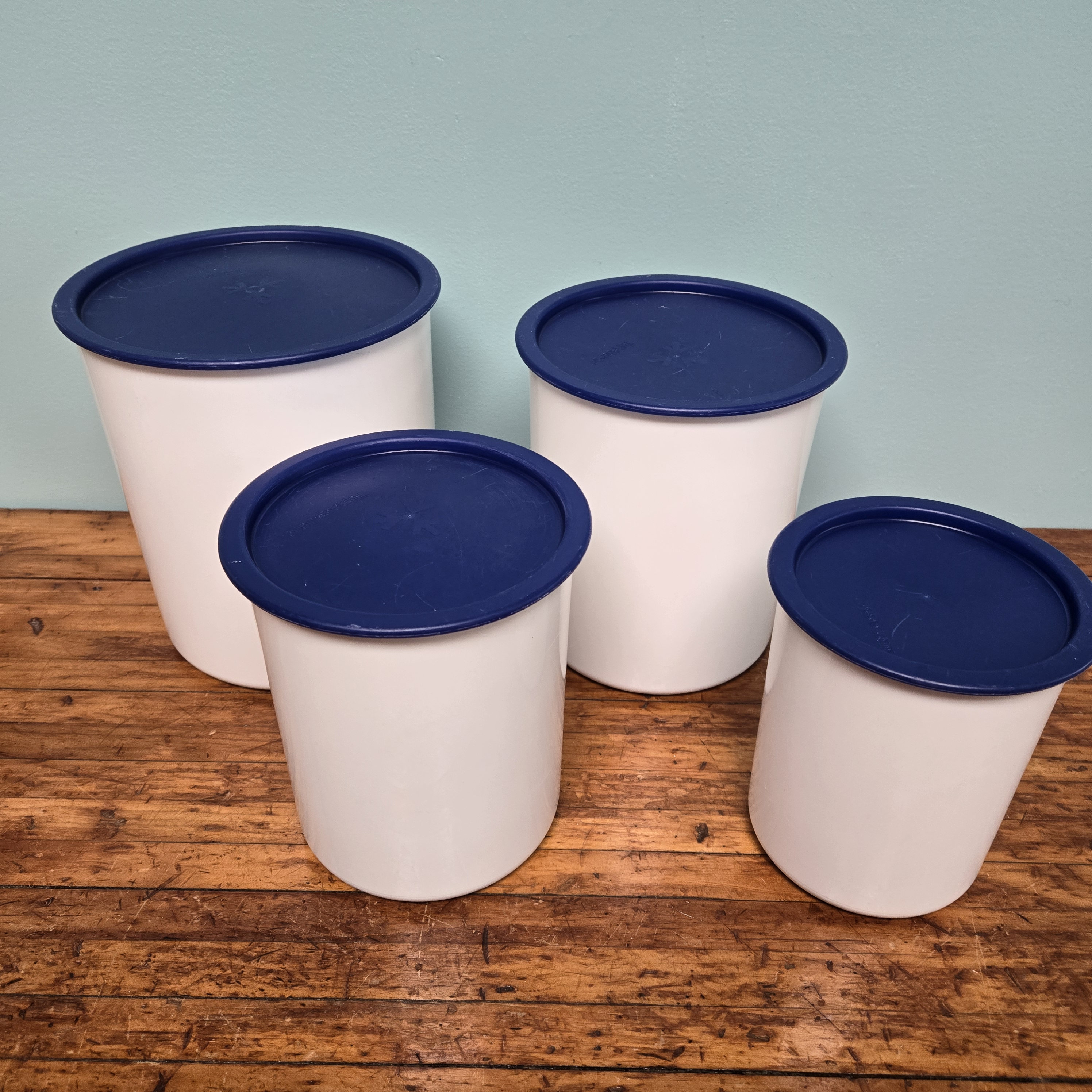 Vintage Tupperware Canister Set One Touch Seal Plastic White Blue ...