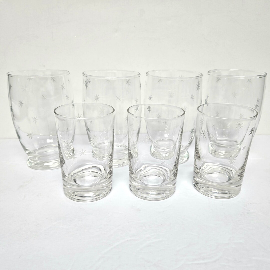 Vintage Atomic Starburst Glasses Set of 7 Mid-century Etched Glass ...