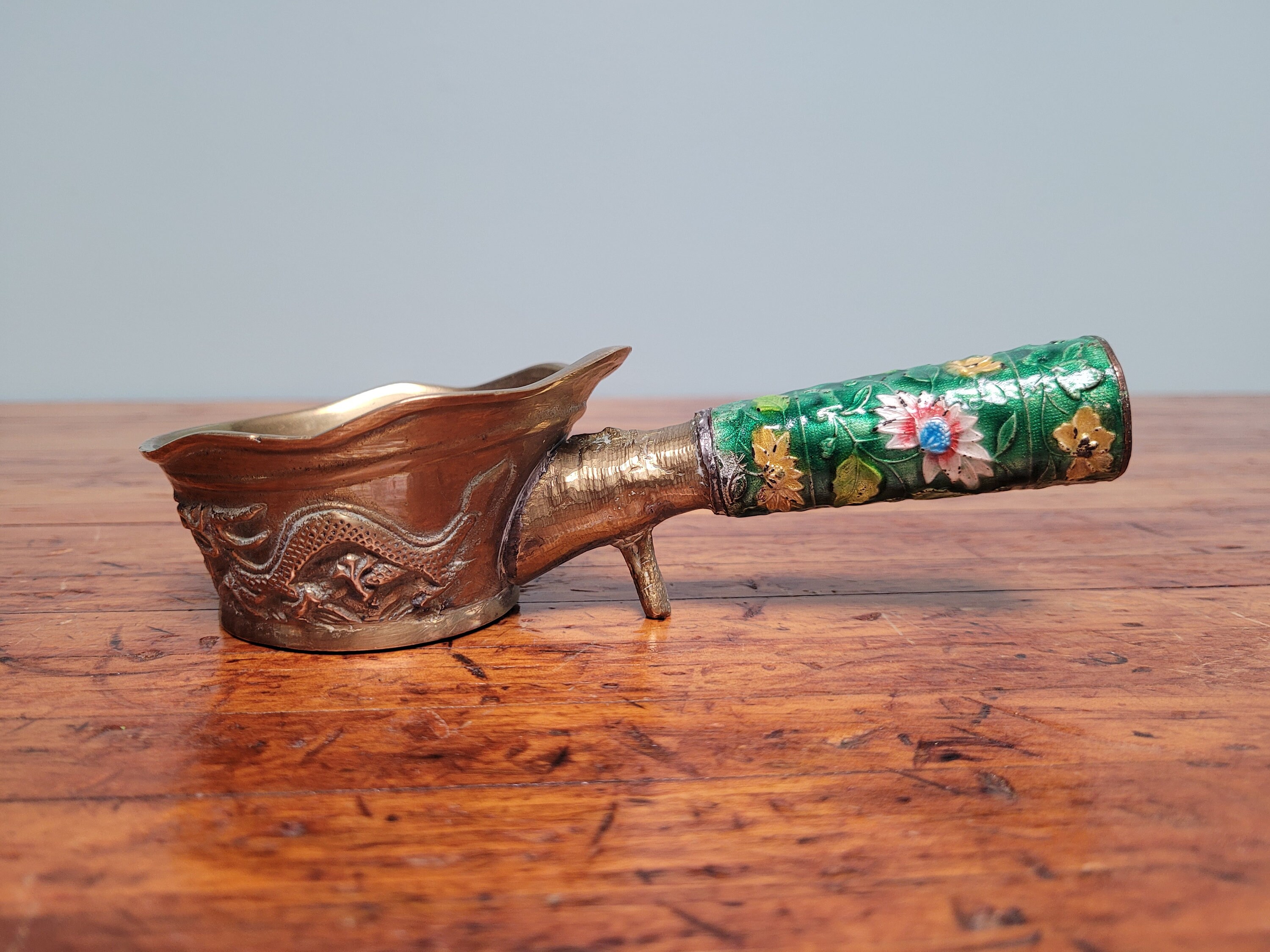 Antique Chinese Cloisonne Enamel & Brass Silk Iron Coal Pot Pan With ...