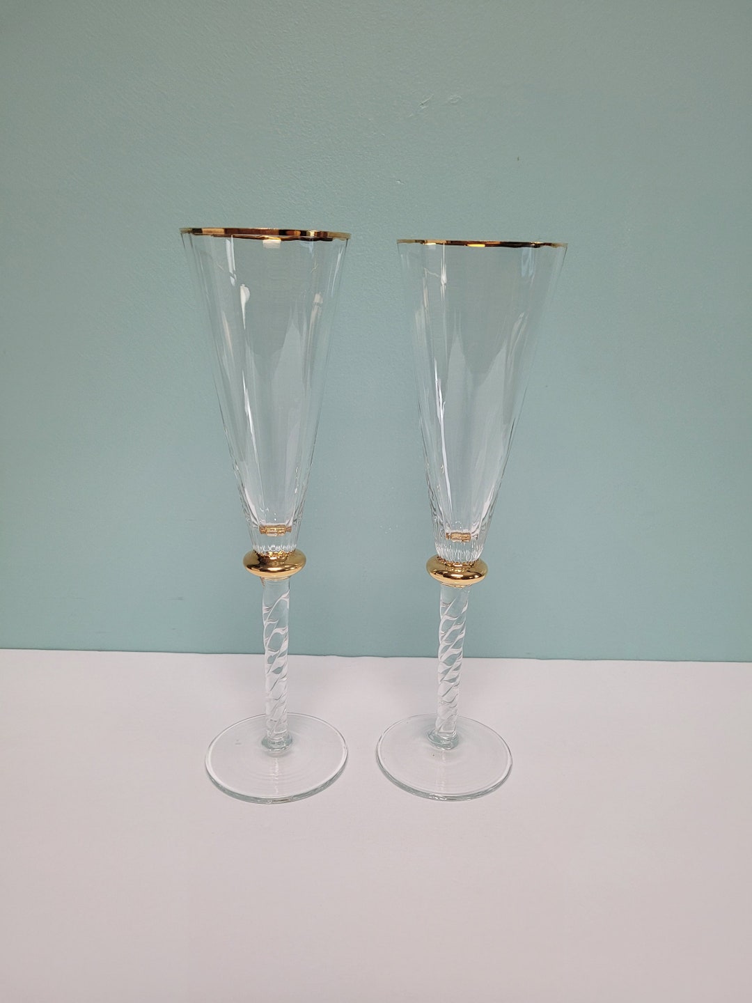 Crystal Champagne Flutes Tall With Gold Trim Optic Glass and Twisted ...