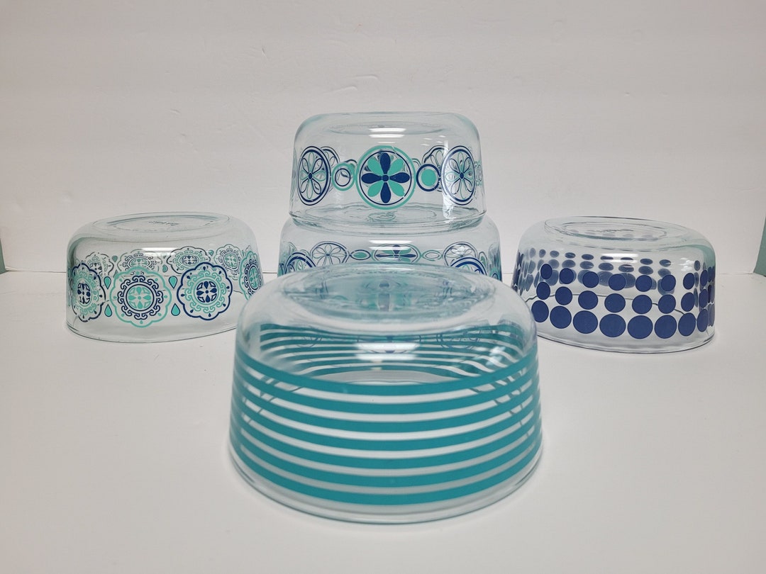 Pyrex Mixing Bowls Vintage Clear Glass With Blue and Teal Patterns 5 ...