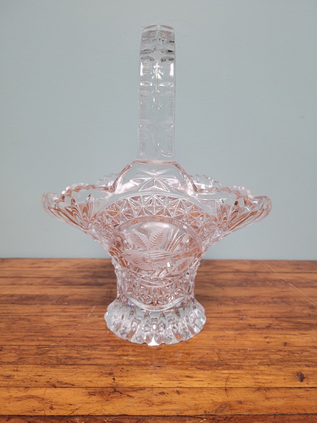 Crystal Basket Glass Flower Basket Byrdes or Birdy With Frosted Etched ...
