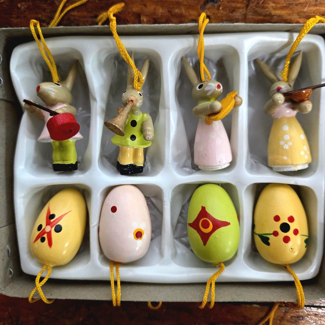 Vintage Easter Ornament Set, Mini, Bunny's Playing Instruments and Eggs ...