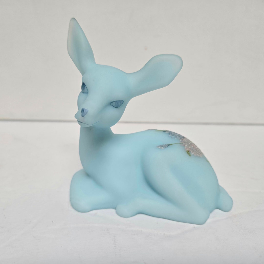 Vintage Fenton Blue Custard Deer Handpainted Satin Glass Fawn With ...