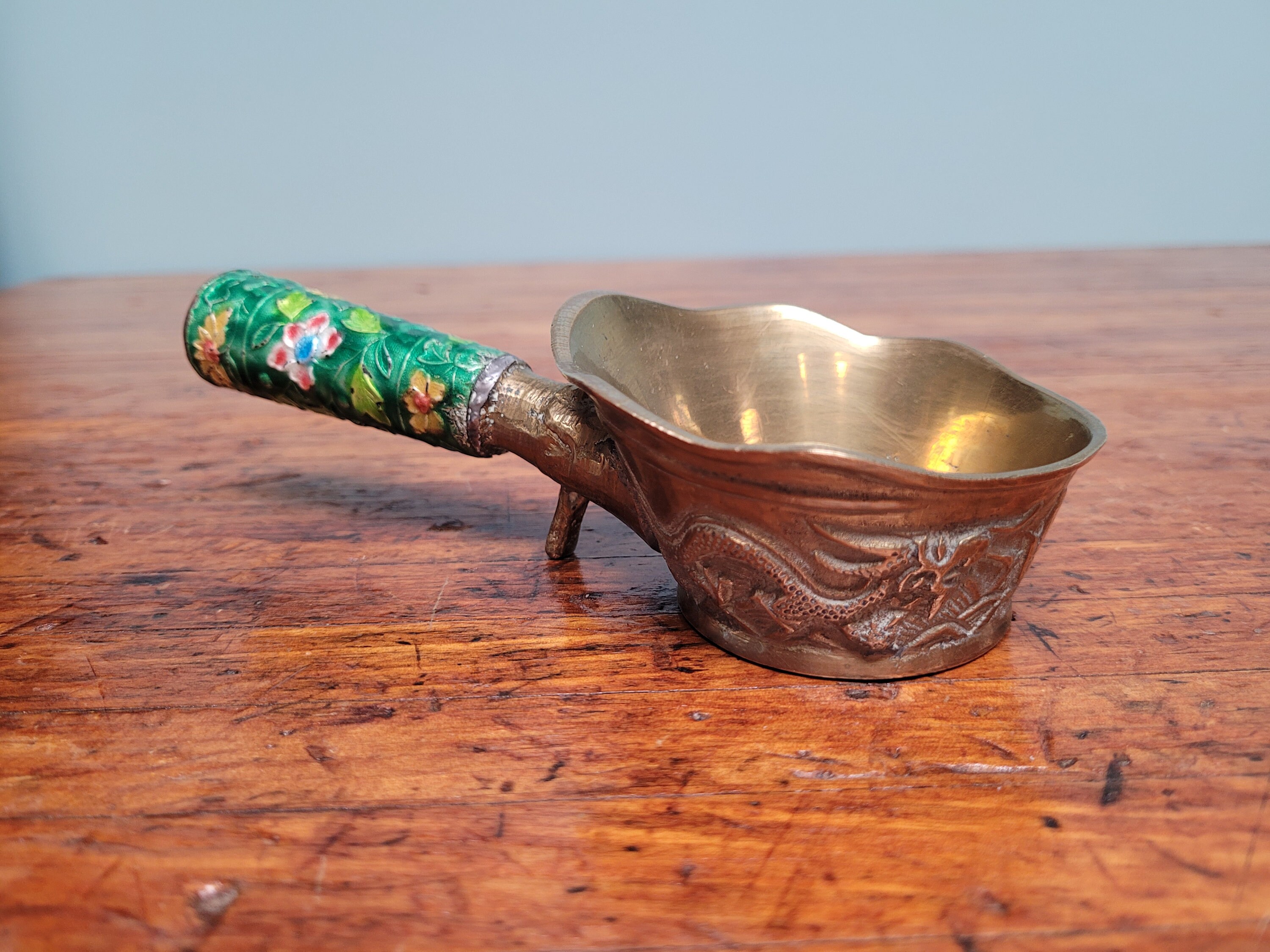 Antique Chinese Cloisonne Enamel & Brass Silk Iron Coal Pot Pan With ...