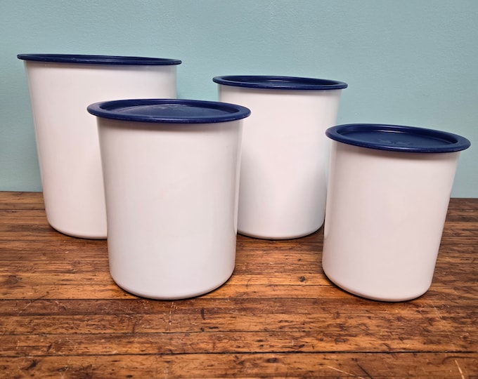Vintage Tupperware Canister Set One Touch Seal Plastic White Blue ...