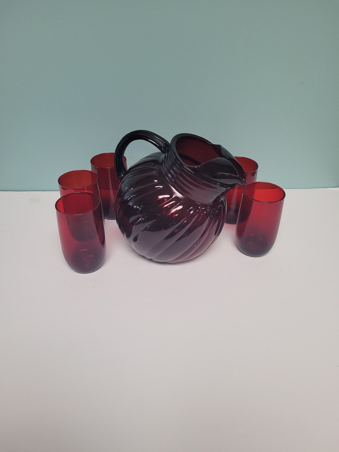 Vintage Ruby Red Pitcher Crimson Tilt Swirl Pitcher With 5 Glasses ...