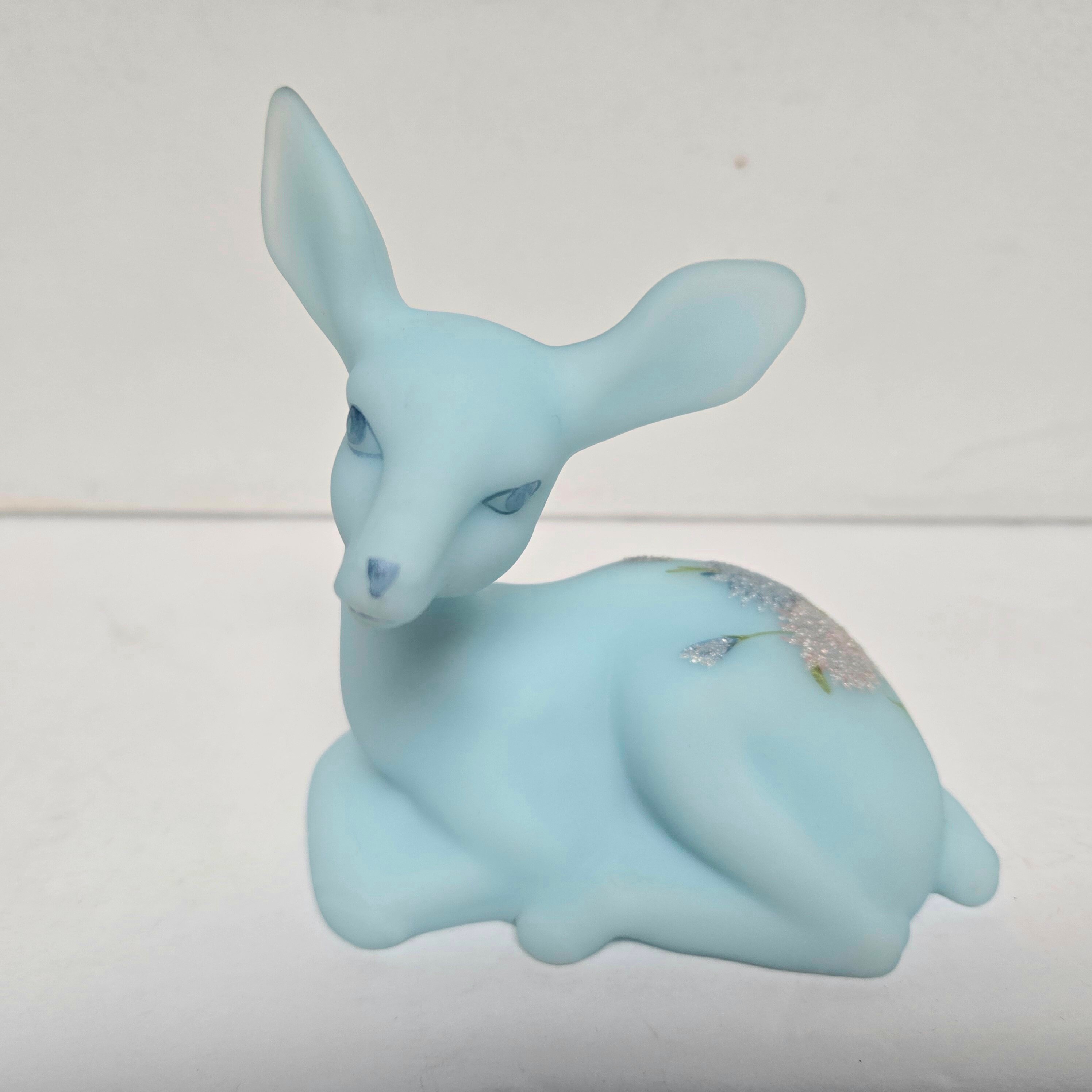 Vintage Fenton Blue Custard Deer Handpainted Satin Glass Fawn With ...