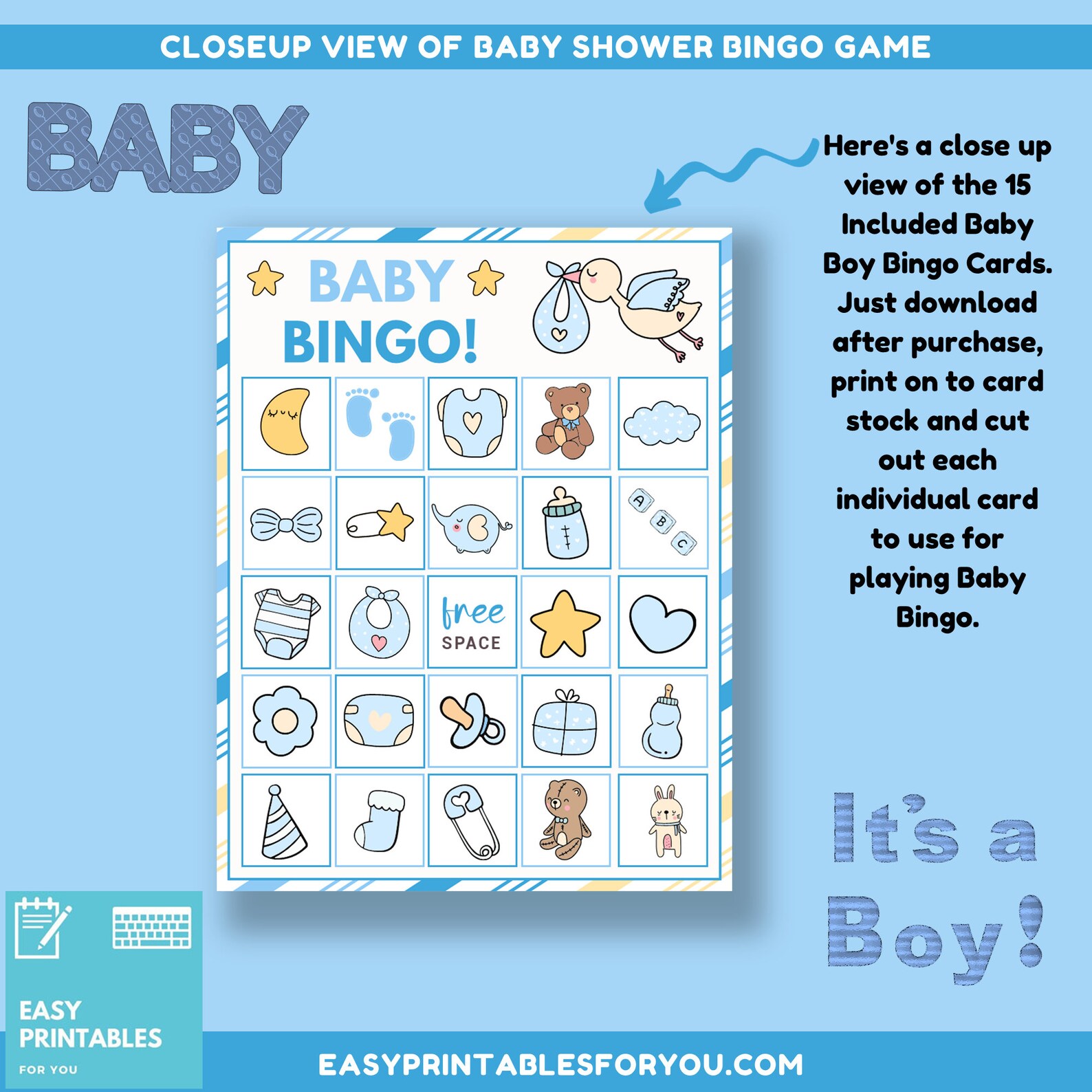Baby Boy Bingo Printable, Baby Boy Bingo Game, Baby Shower Bingo Game ...