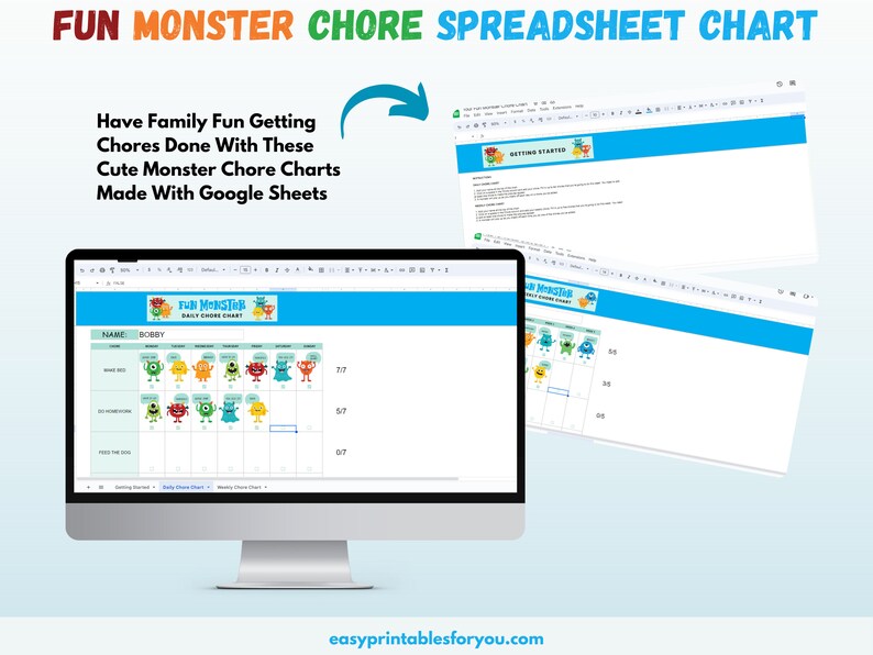 Fun Monster Chore Chart Spreadsheet: Google Sheets To-do List (digital ...