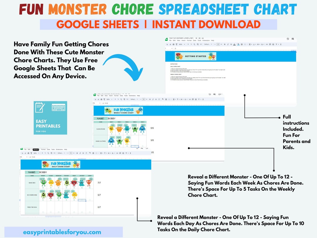 Fun Monster Chore Chart Spreadsheet: Google Sheets To-do List (digital ...