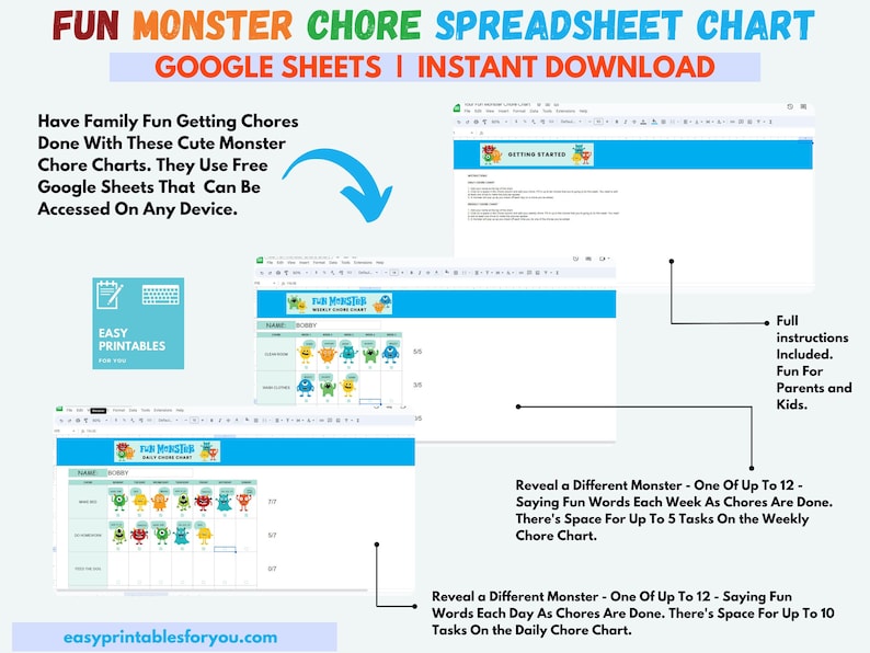 Fun Monster Chore Chart Spreadsheet: Google Sheets To-do List (digital ...