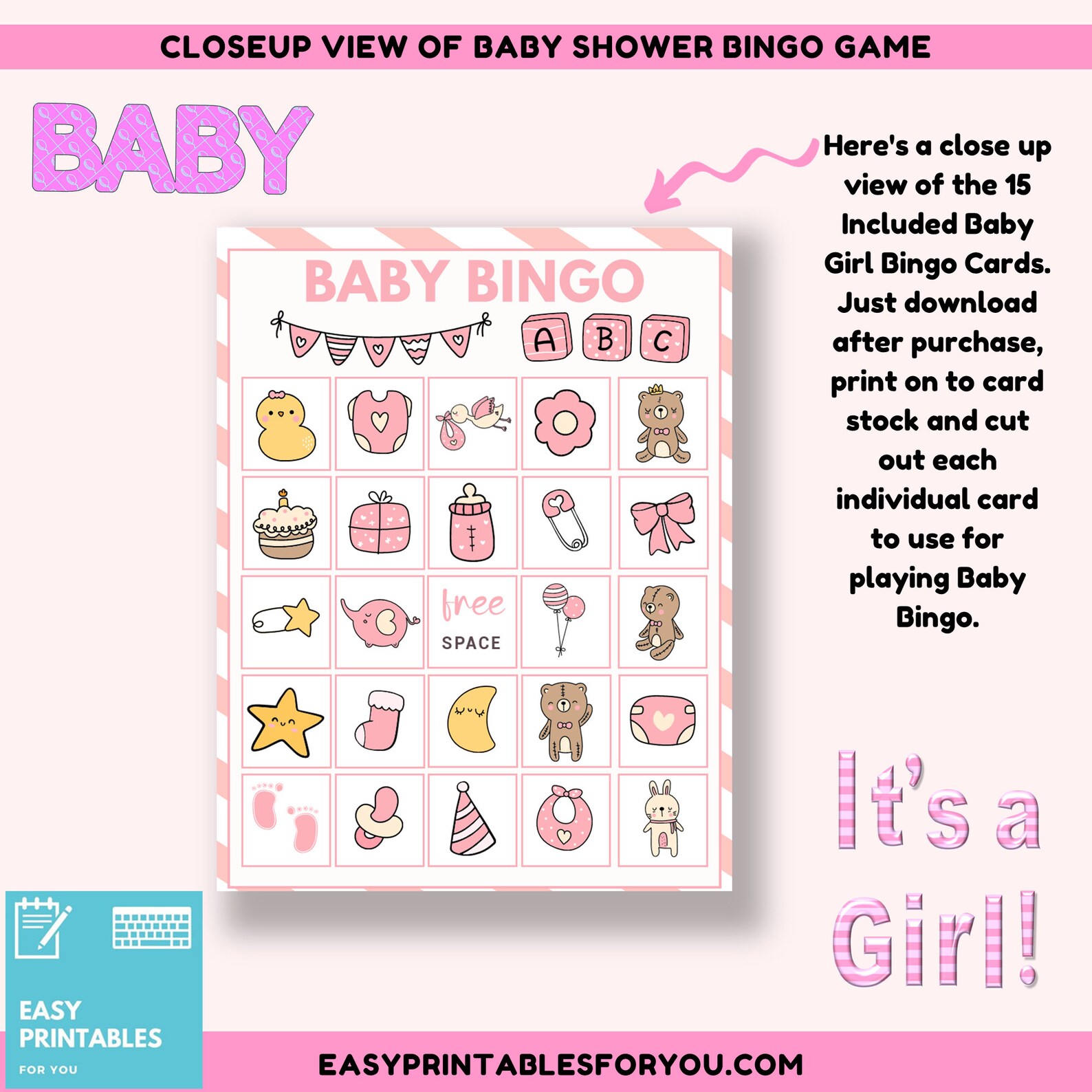 Baby Bingo Printable, Baby Girl Bingo, Baby Bingo Pink, Baby Shower ...