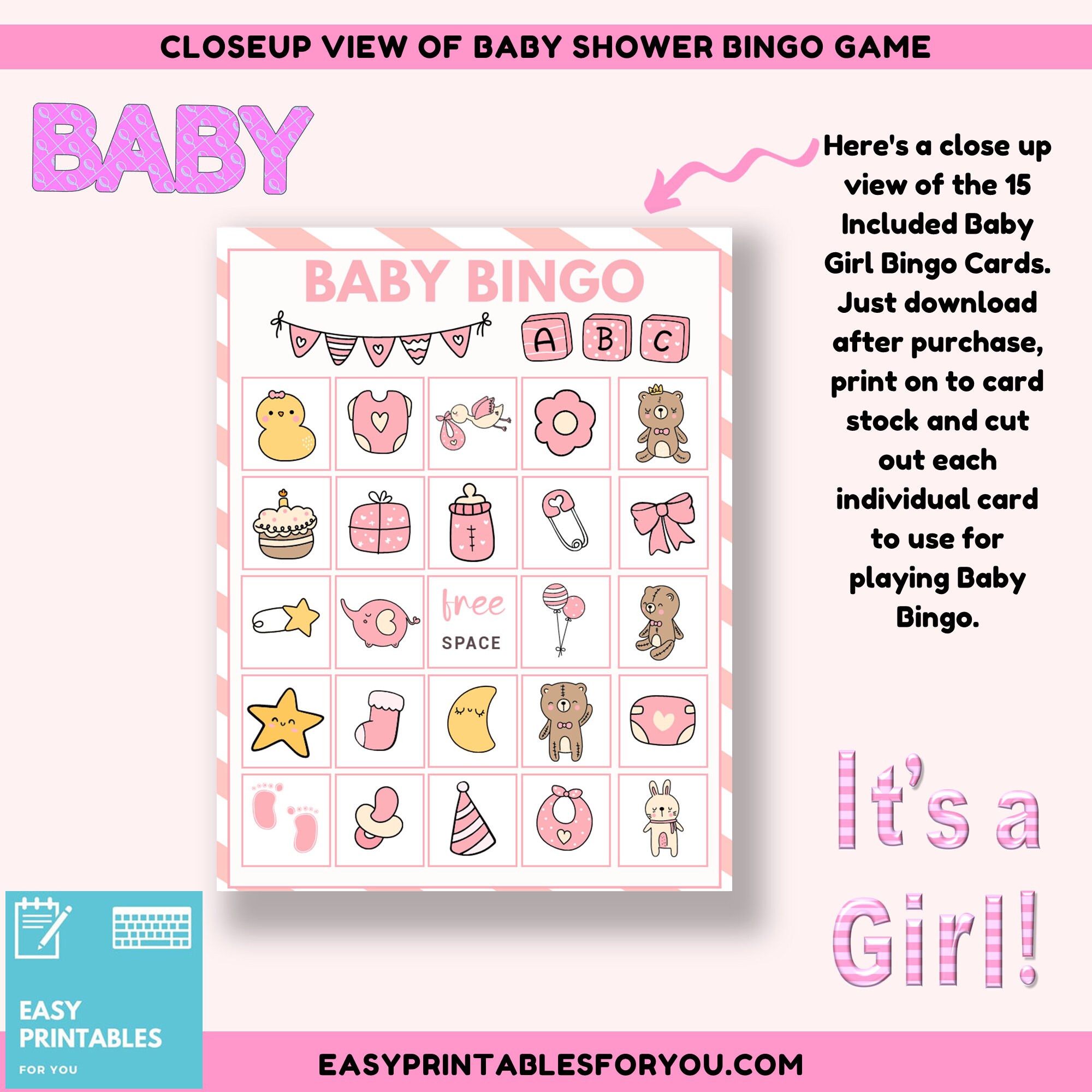 Baby Bingo Printable, Baby Girl Bingo, Baby Bingo Pink, Baby Shower ...
