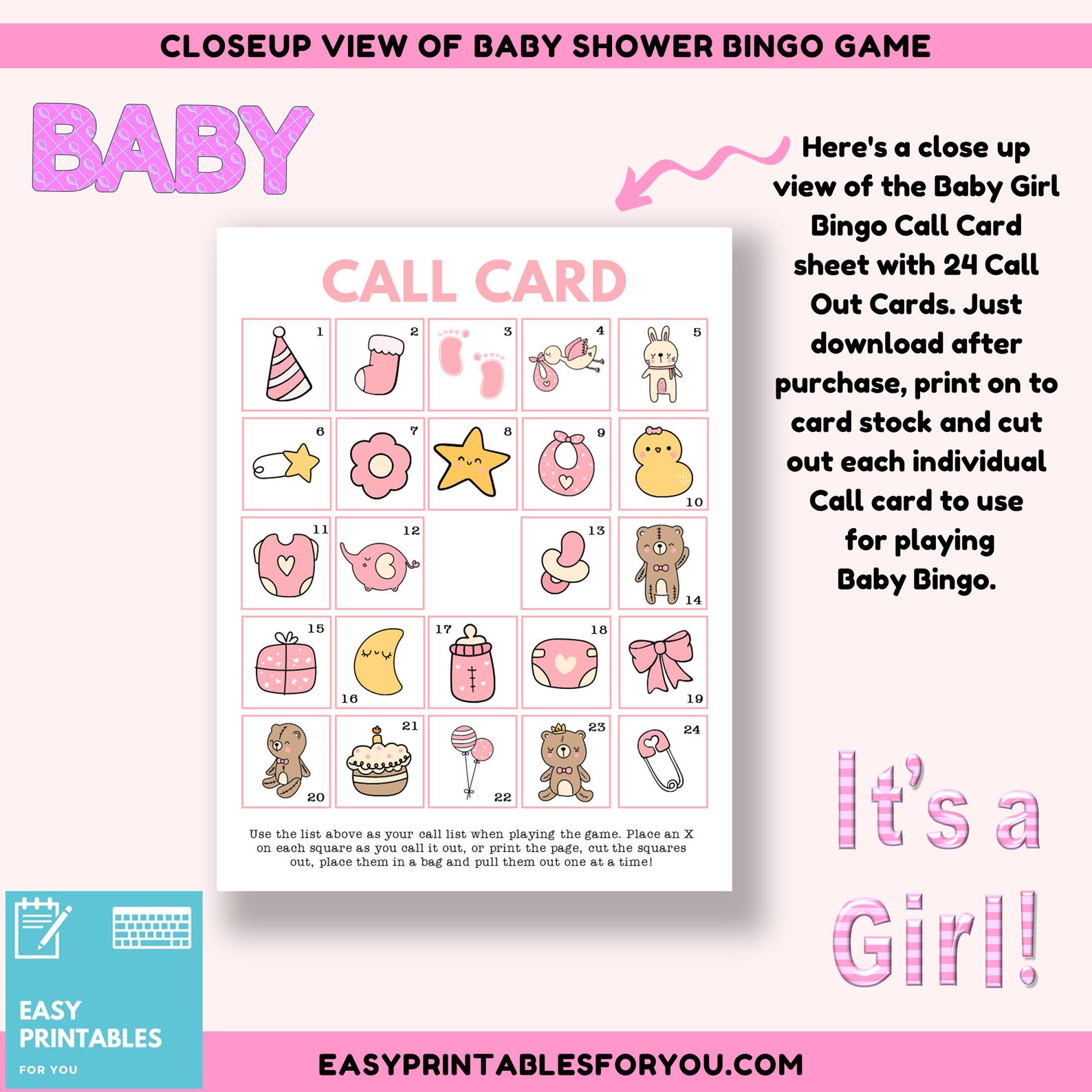 Baby Bingo Printable, Baby Girl Bingo, Baby Bingo Pink, Baby Shower ...