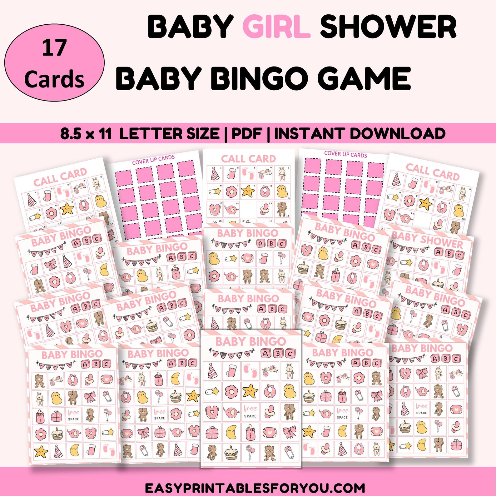 Baby Bingo Printable, Baby Girl Bingo, Baby Bingo Pink, Baby Shower ...