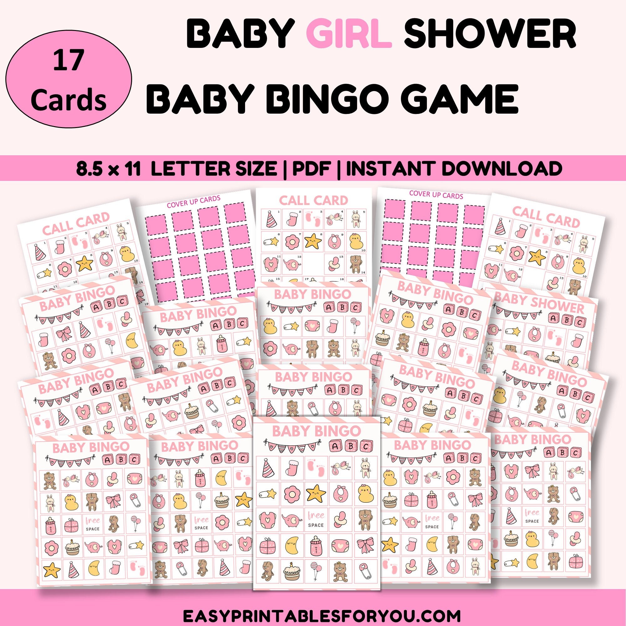 Baby Bingo Printable, Baby Girl Bingo, Baby Bingo Pink, Baby Shower ...