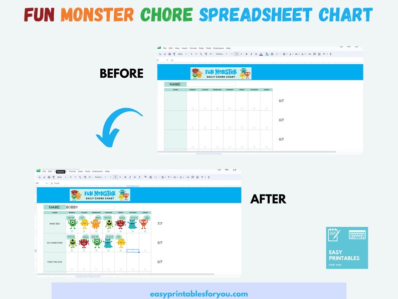 Fun Monster Chore Chart Spreadsheet: Google Sheets To-do List (digital Download) - Etsy