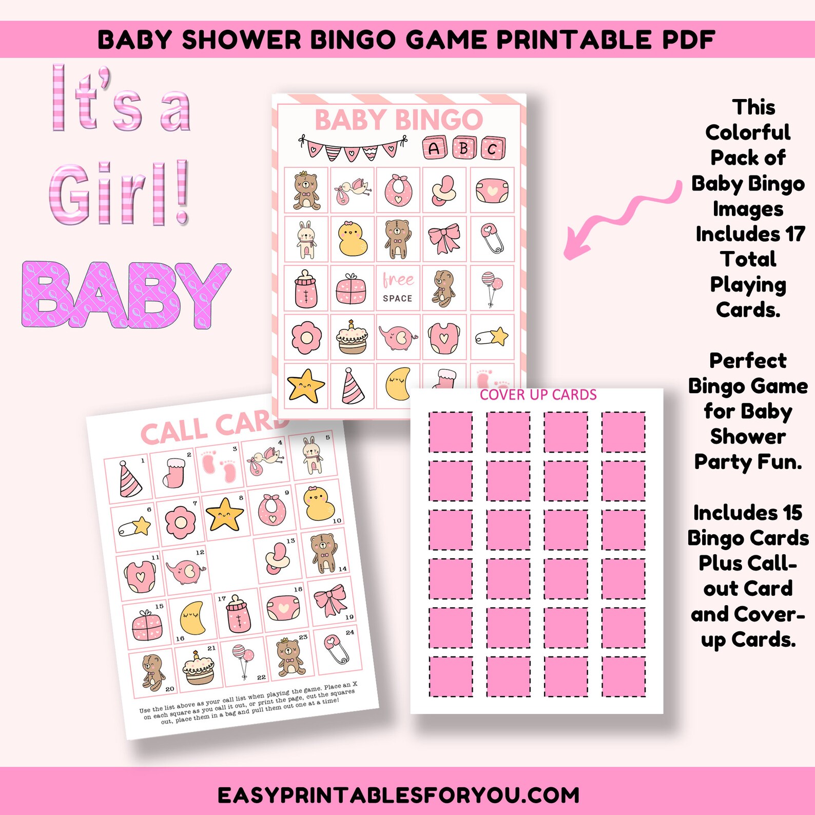 Baby Bingo Printable, Baby Girl Bingo, Baby Bingo Pink, Baby Shower ...