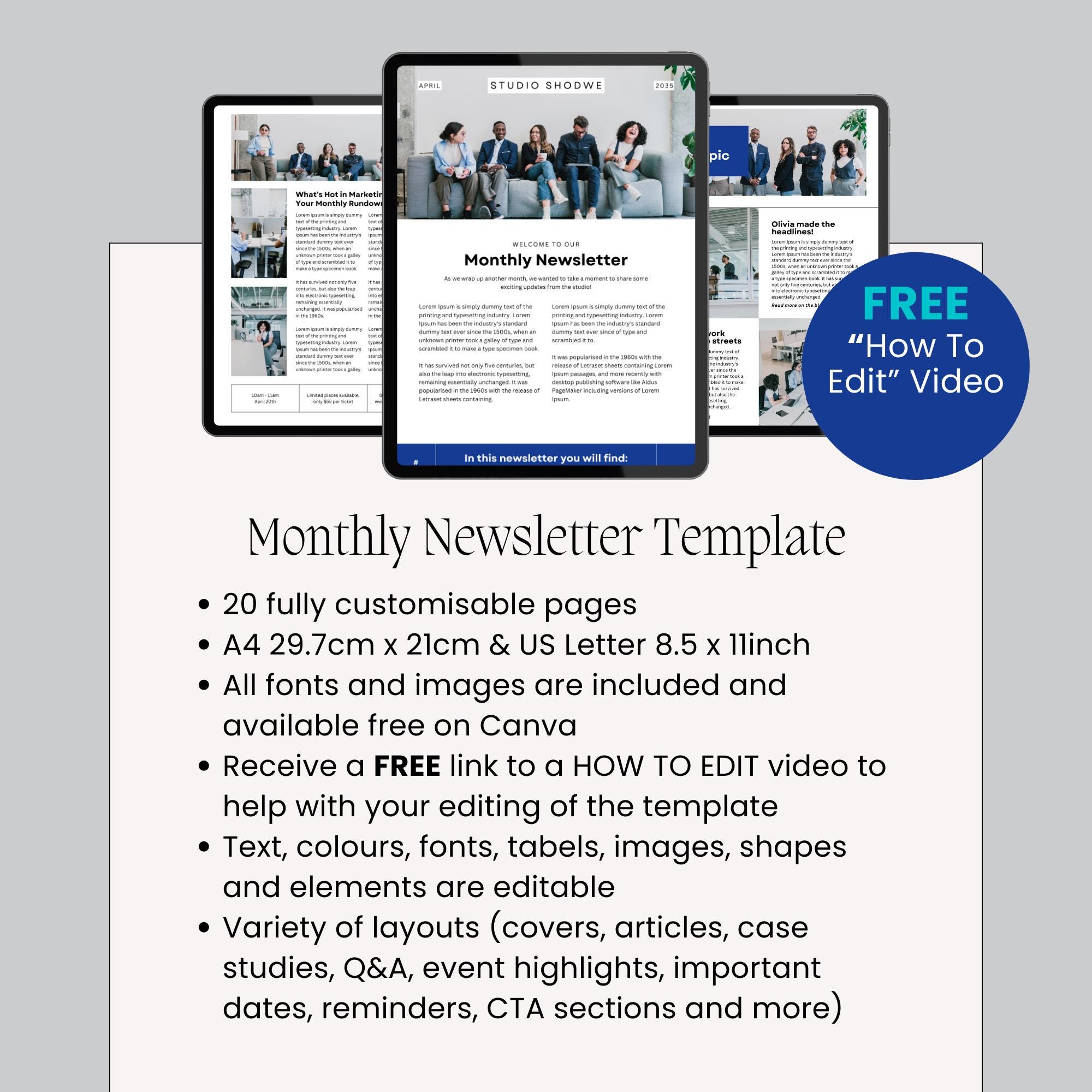 20 Page Editable Monthly Newsletter Canva Template in Blue Corporate ...