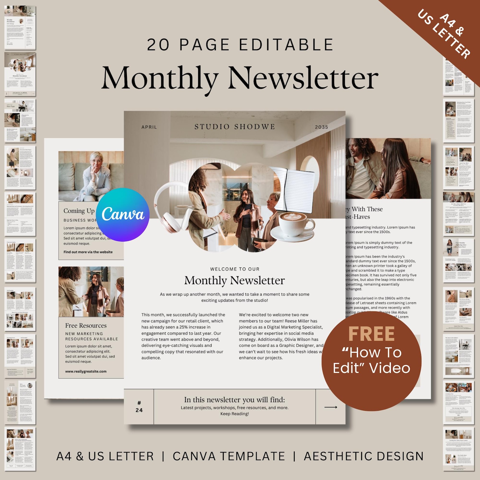 20 Page Monthly Newsletter Editable Canva Template in an Aesthetic ...