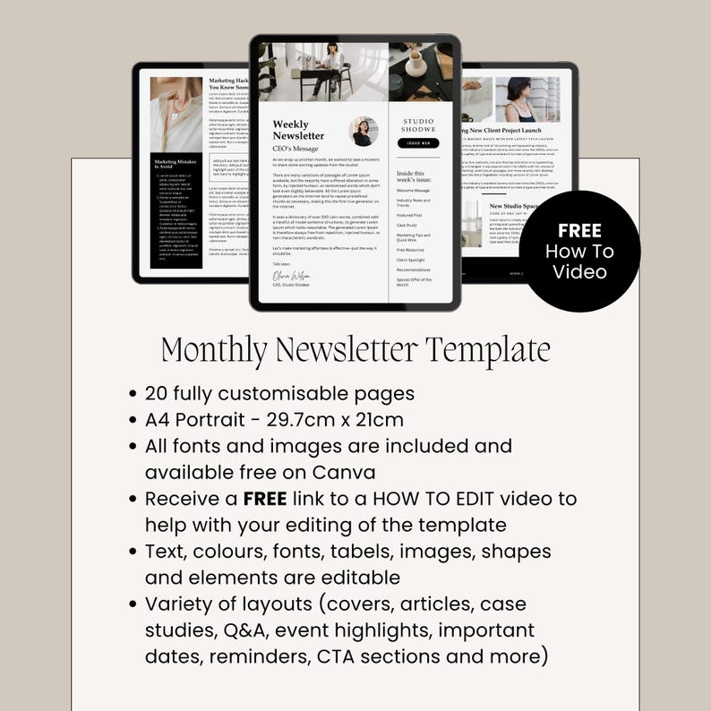 Editable Monthly Newsletter Template: Chic Minimalist Design (canva, A4 ...