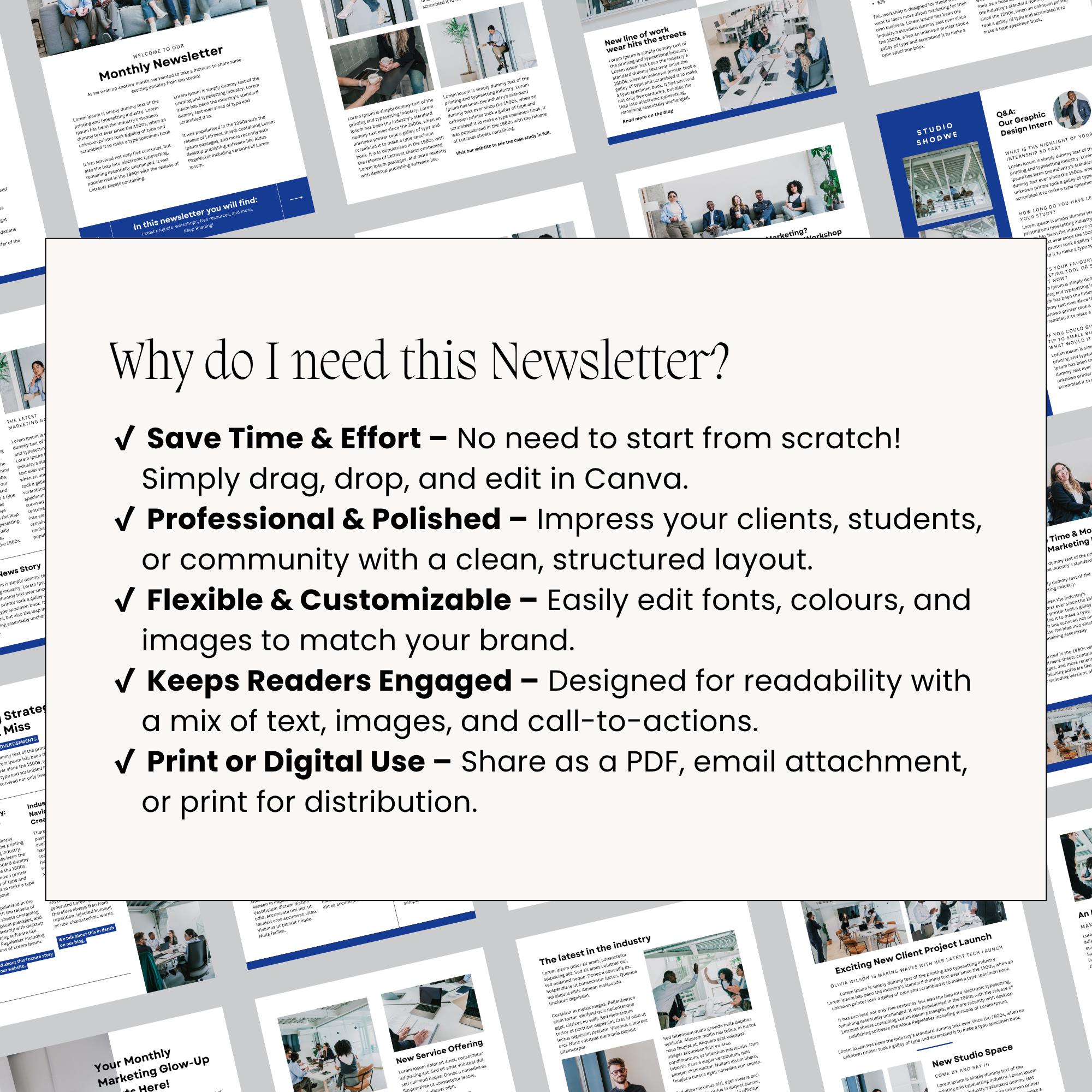 20 Page Editable Monthly Newsletter Canva Template in Blue Corporate ...