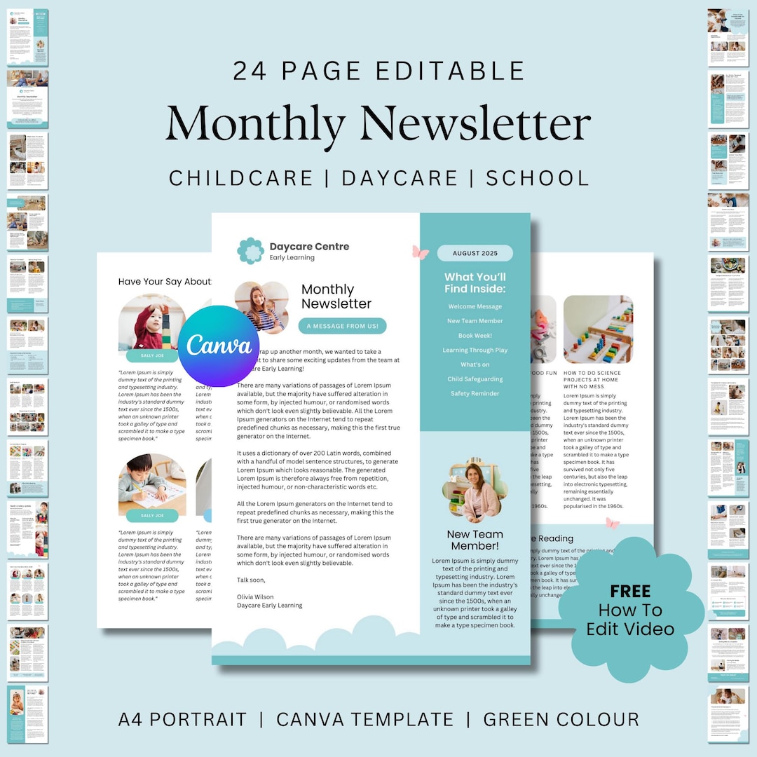 Editable Childcare Newsletter Template: Green Design for Canva (A4 ...