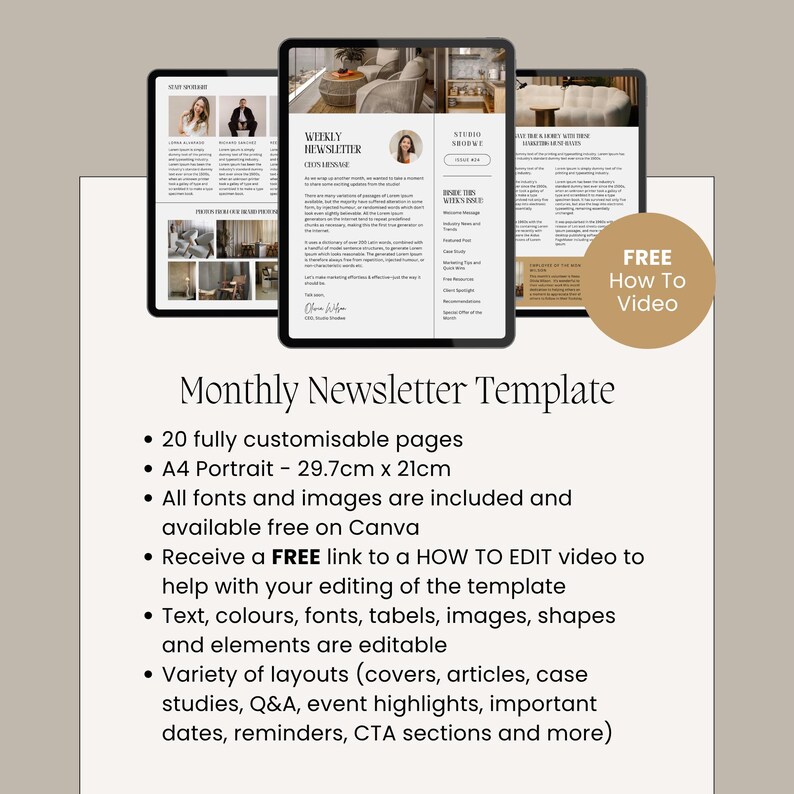 Editable Monthly Newsletter Template: Gold Design, 20 Pages (canva, A4 ...