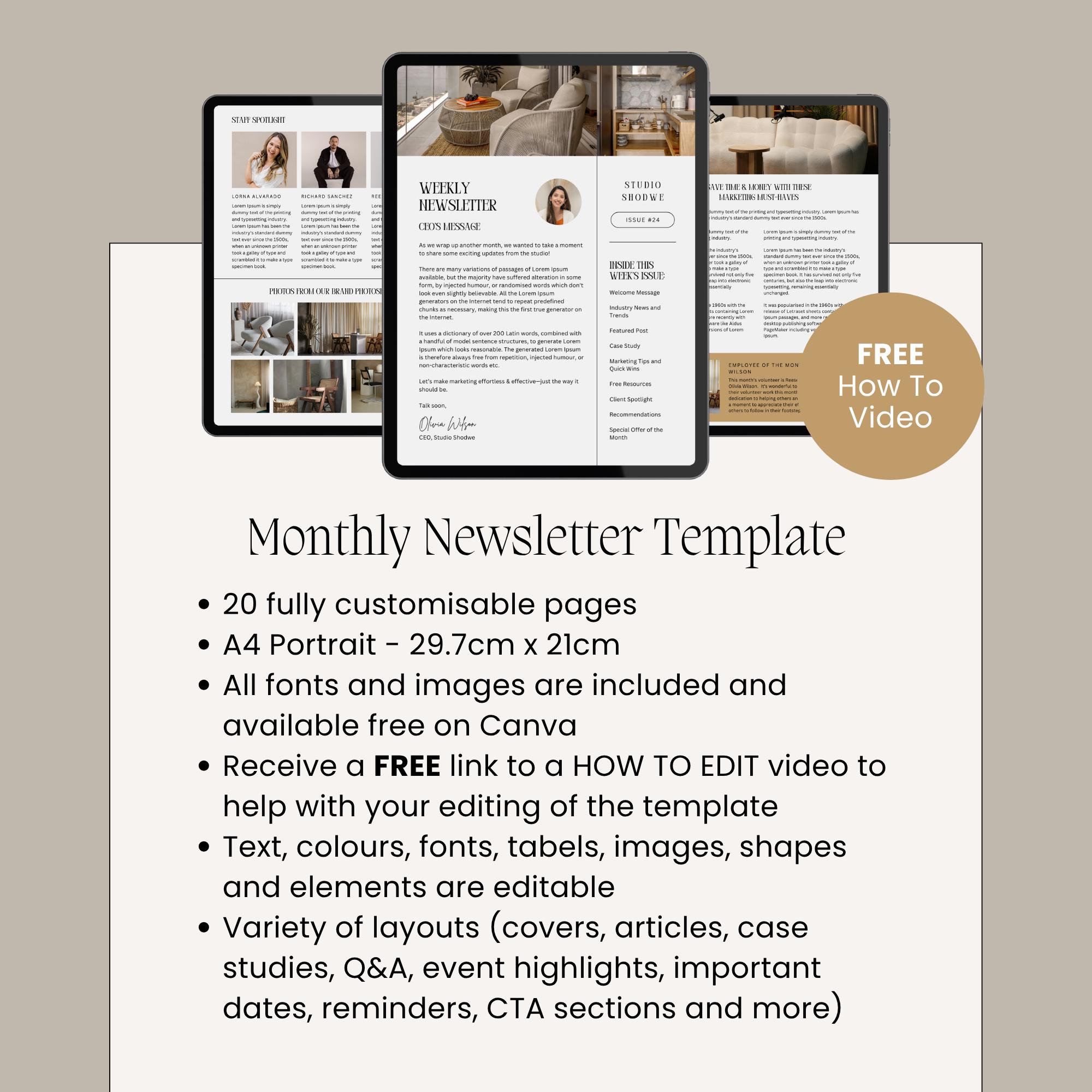 Editable Monthly Newsletter Template: Gold Design, 20 Pages (canva, A4 ...