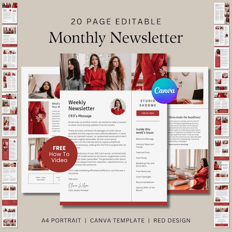 Feminine Red Newsletter Canva Template: 20-page A4 Design (digital ...