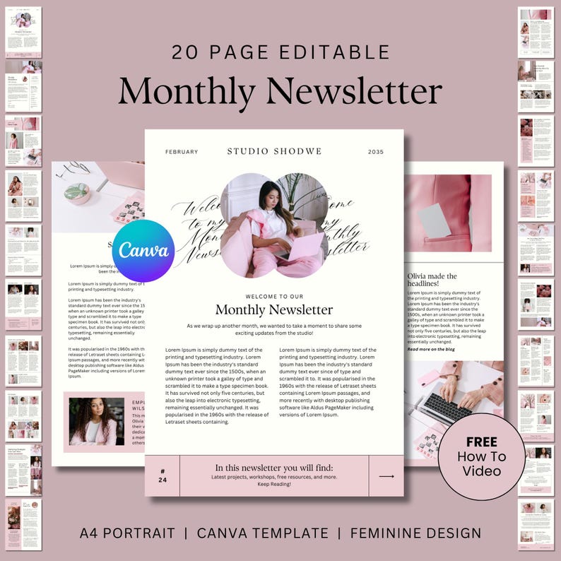 Editable Monthly Newsletter Template: Feminine Pink Canva Design (A4 ...