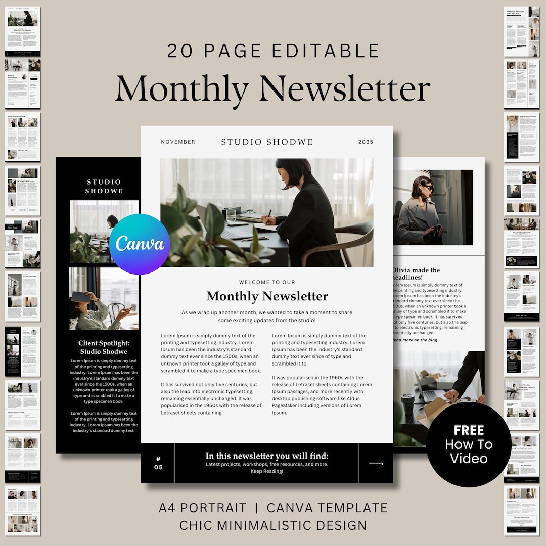 Editable Monthly Newsletter Template: Chic Minimalist Design (canva, A4 ...