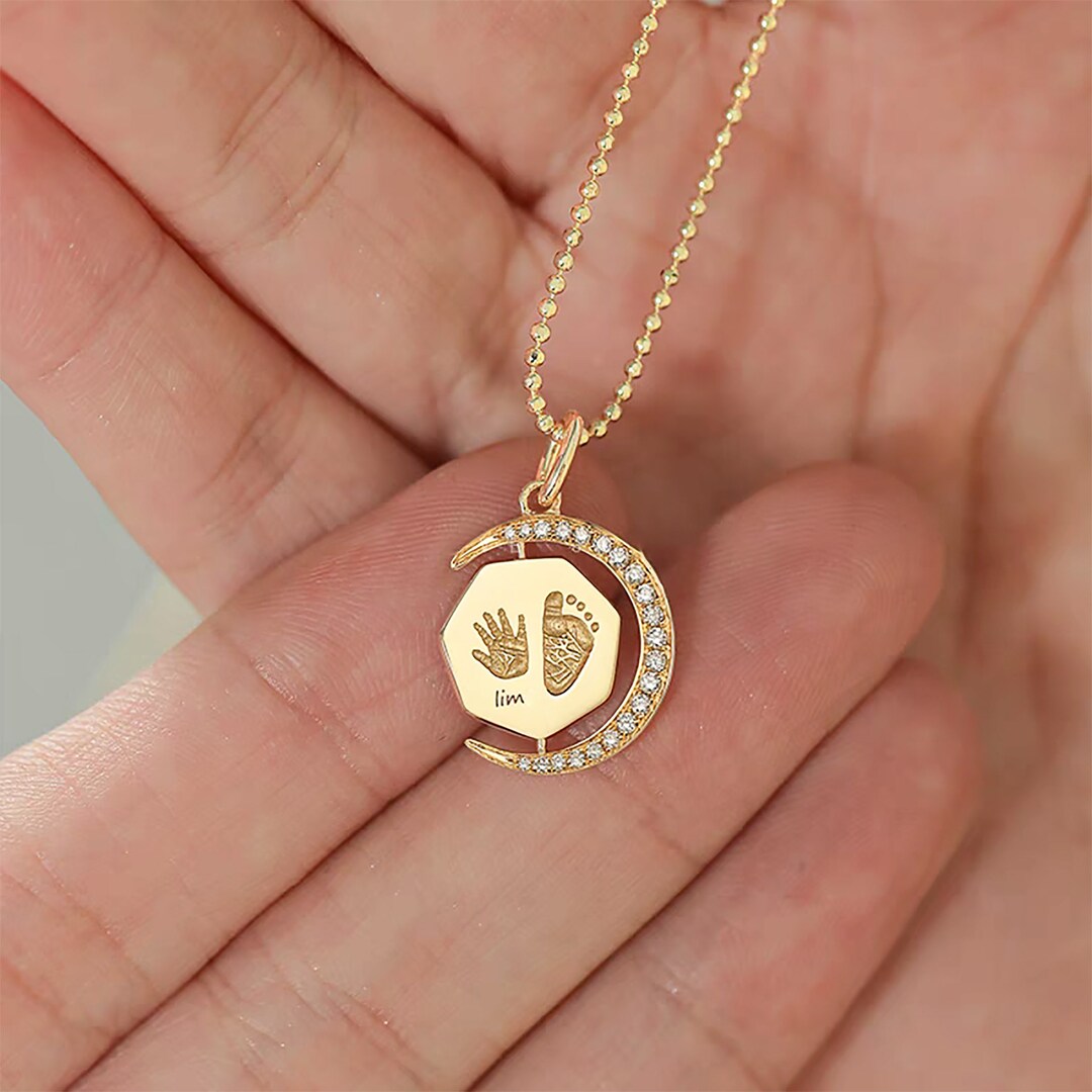 Solid Gold Baby Handprint and Footprint Necklace,moon Clock, Baby ...