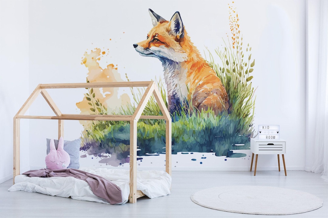 Fox Mural – Watercolor Animal Wallpaper, Peel and Stick - Etsy