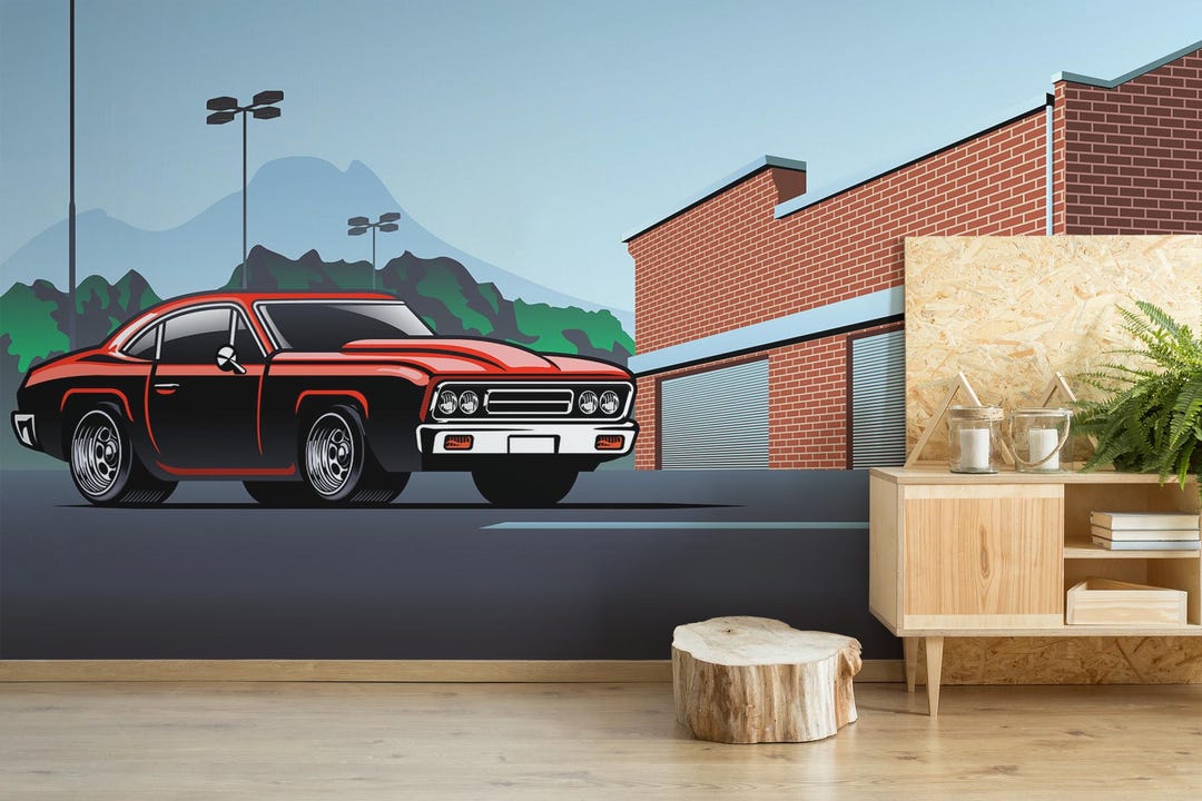 Red Muscle Car Mural – Urban Garage, Peel & Stick Wallpaper - Etsy