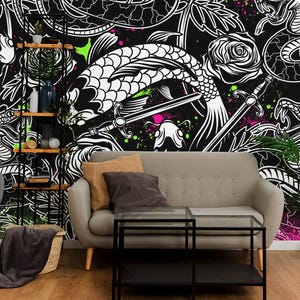 Dark Neon Tattoo Wallpaper / Urban Ink Wall Mural / Modern Bold Mural ...