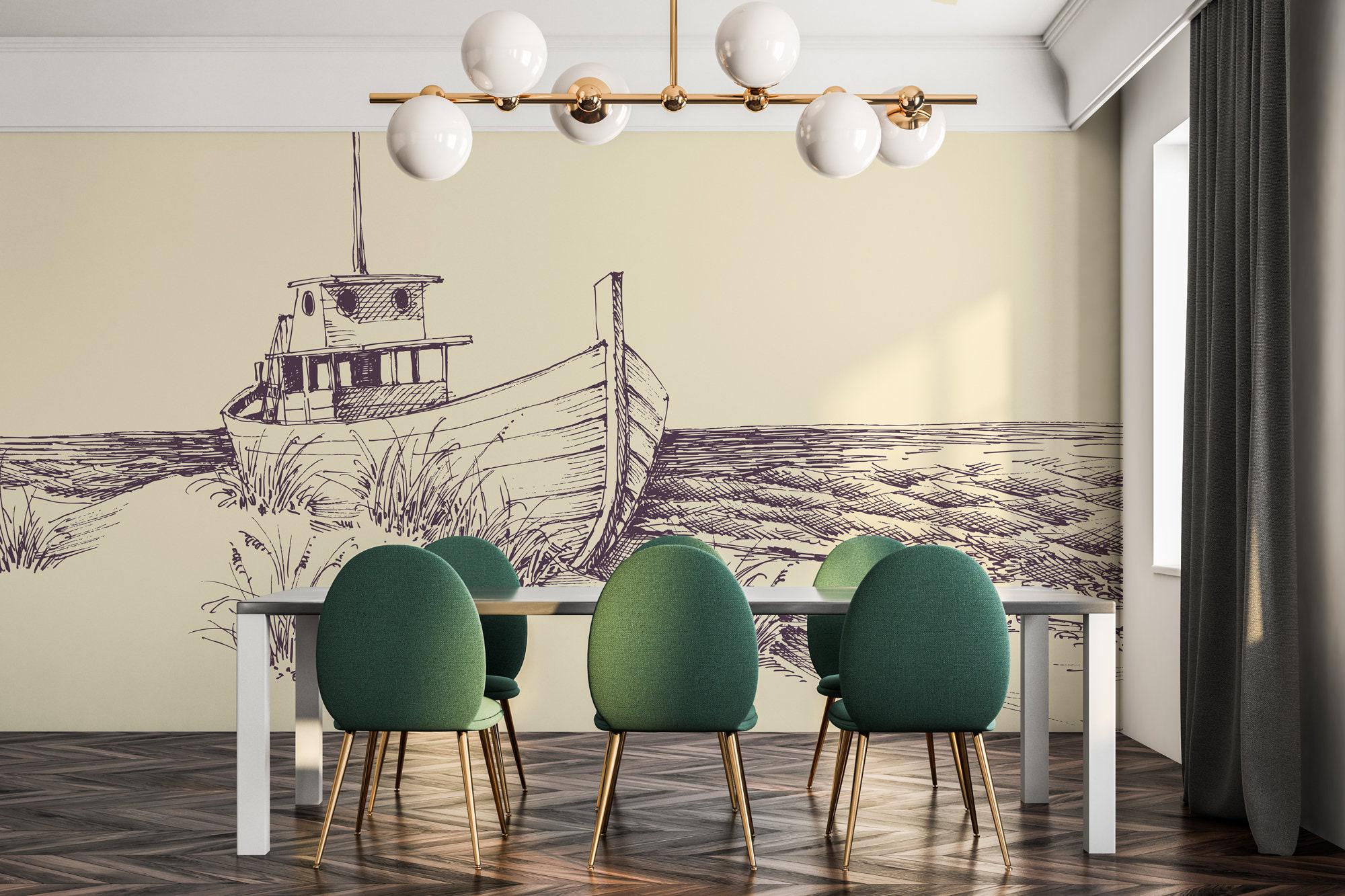 Hand Drawn Boat Removable Vinyl Mural / Peel and Stick Boat Pattern ...