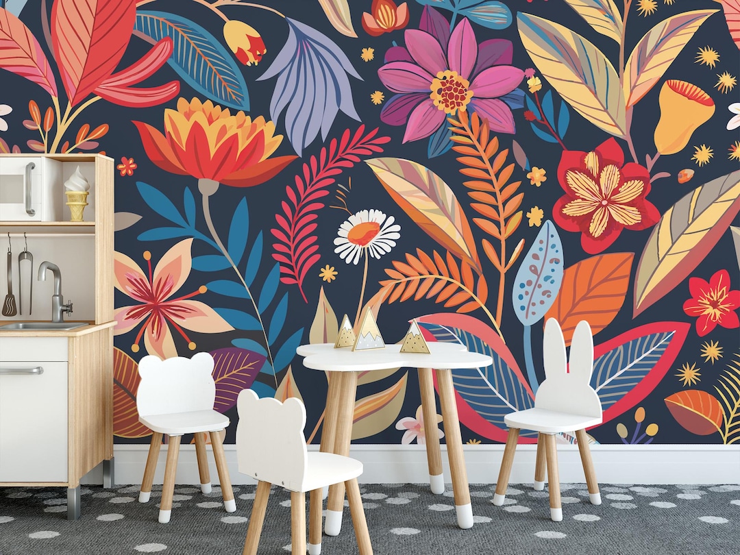 Bold Floral Meadow Wallpaper – Vibrant Botanical Wall Mural - Etsy