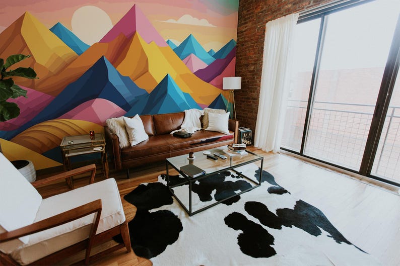Geometric Mountains Mural – Colorful Peaks, Peel & Stick Wallpaper - Etsy