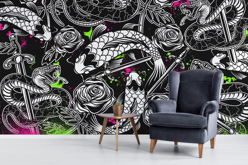 Dark Neon Tattoo Wallpaper / Urban Ink Wall Mural / Modern Bold Mural ...