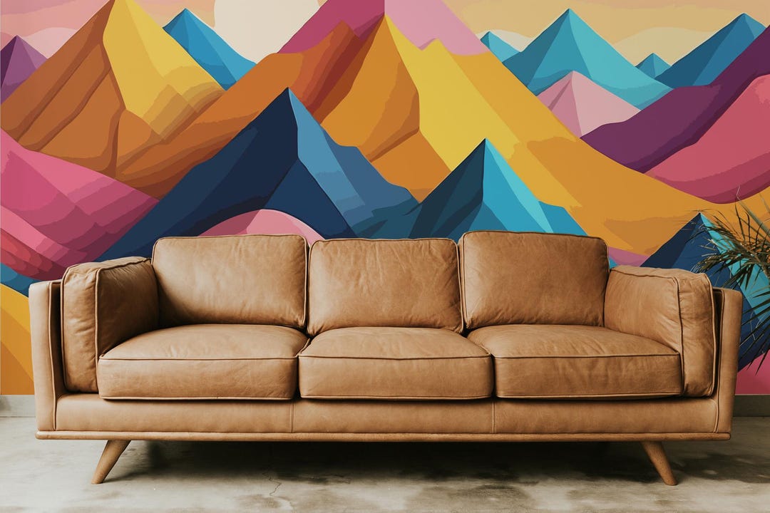 Geometric Mountains Mural – Colorful Peaks, Peel & Stick Wallpaper - Etsy