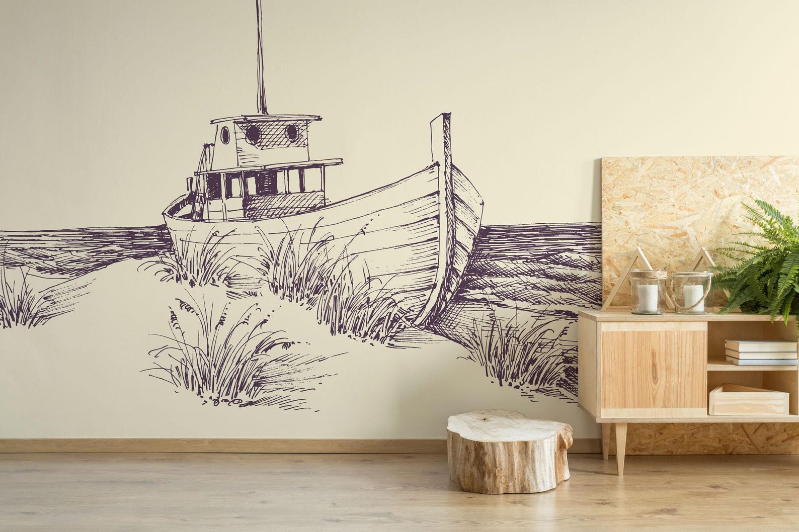 Hand Drawn Boat Removable Vinyl Mural / Peel and Stick Boat Pattern ...