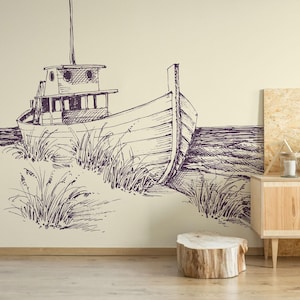 Hand Drawn Boat Removable Vinyl Mural / Peel and Stick Boat Pattern ...