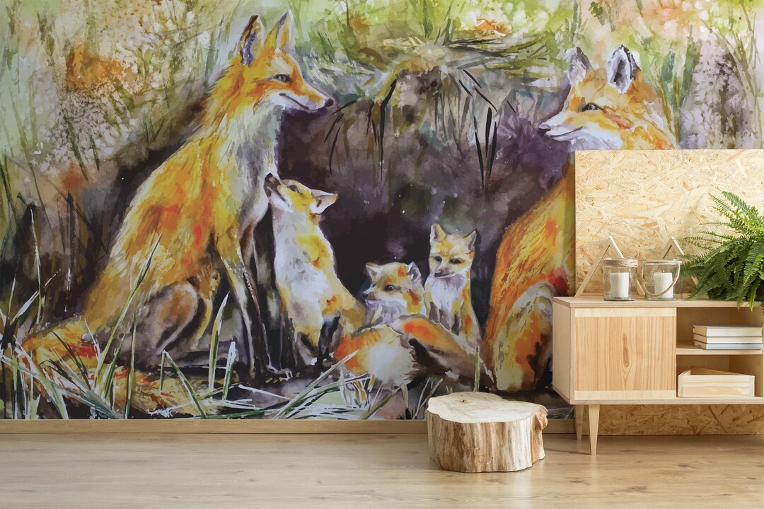 Watercolor Fox Family Mural – Peel and Stick Wallpaper - Etsy