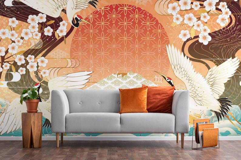 Japanese Sunset Crane Wallpaper Mural – Peel & Stick, Removable - Etsy